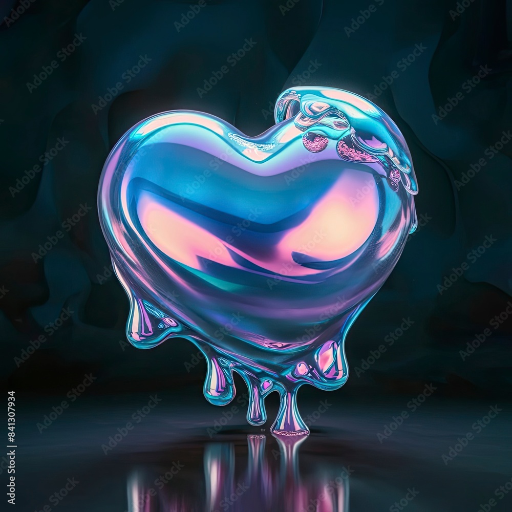 Iridescent holographic Heart reflection in liquid glowing retro 90s ...
