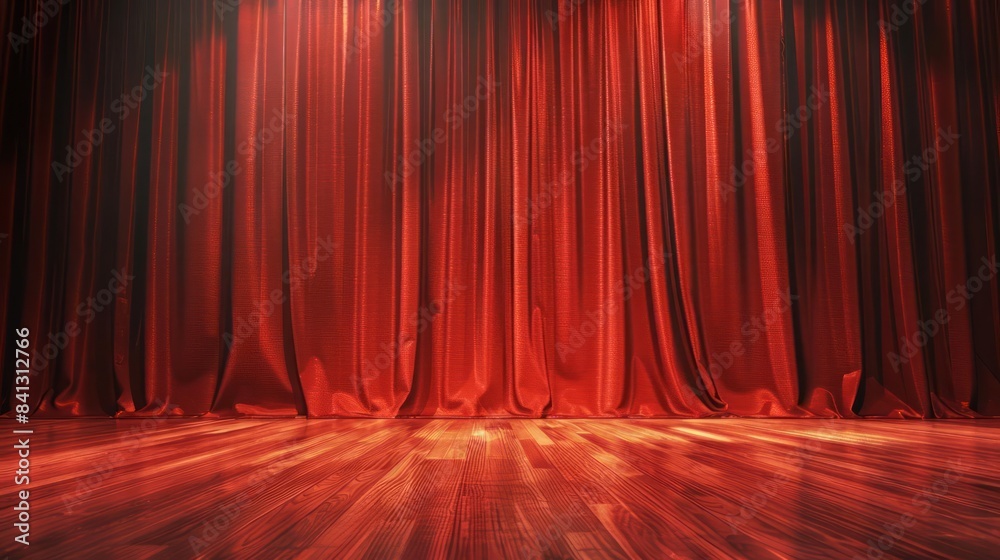 A realistic modern red stage curtain with a polished wooden floor ...