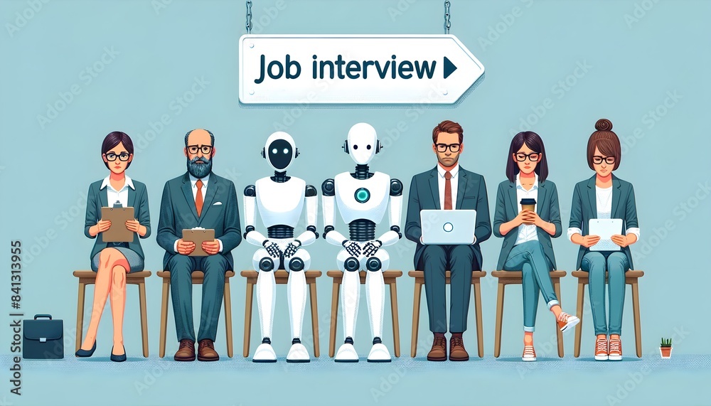 Robots and humans sitting in line for job interview. Digital ...