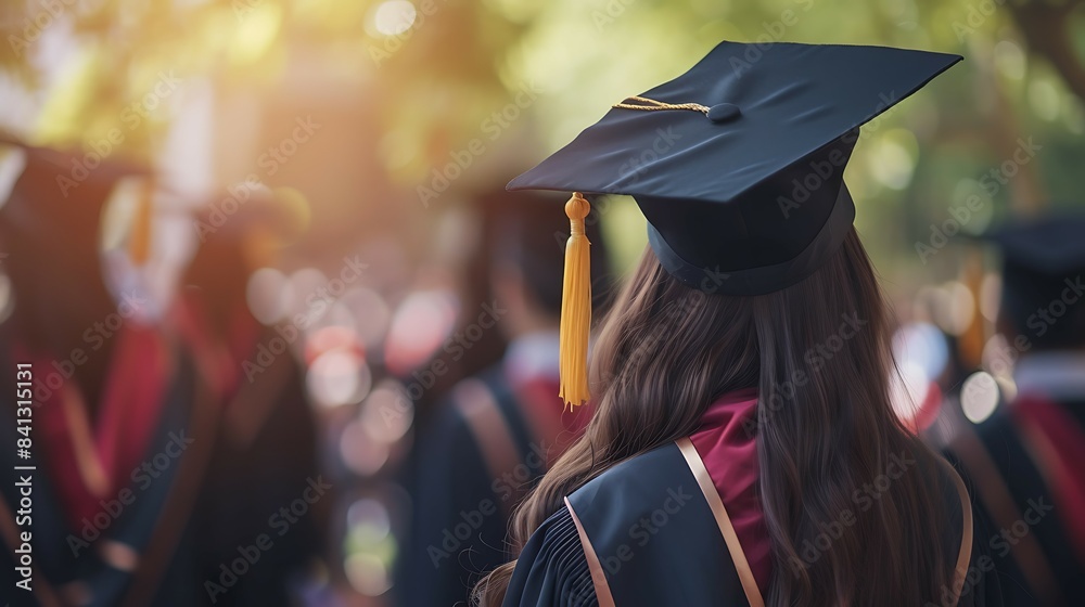 Rear view of the graduates in the graduation commencement ceremony ...