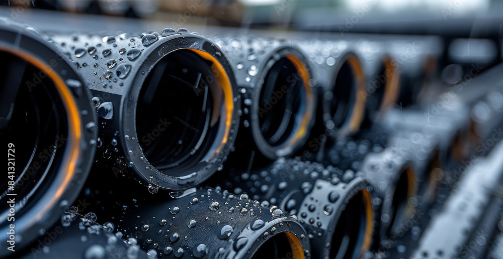 Detailed close-up of the ends of stacked black PVC pipes outdoors ...