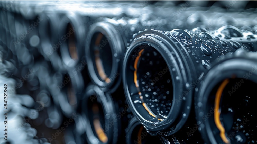 Detailed close-up of the ends of stacked black PVC pipes outdoors ...