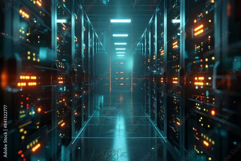 A futuristic data center complete with server racks and LED lighting focuses on database storage ...