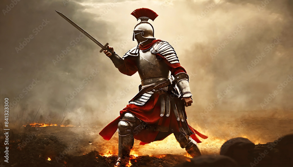 roman warrior in armour and red mantle holding sword, shield in ...
