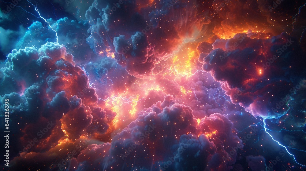 Thunderous explosions with lightning, Pop Art, Bold primary colors ...