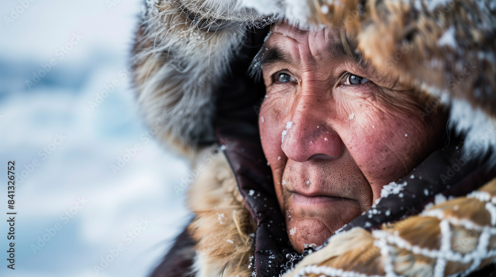 Close up portrait of an Inuit Tribe member, focusing on his ...