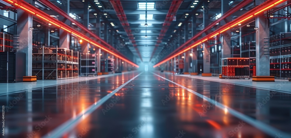 Modern industrial warehouse with illuminated pathways and organized ...