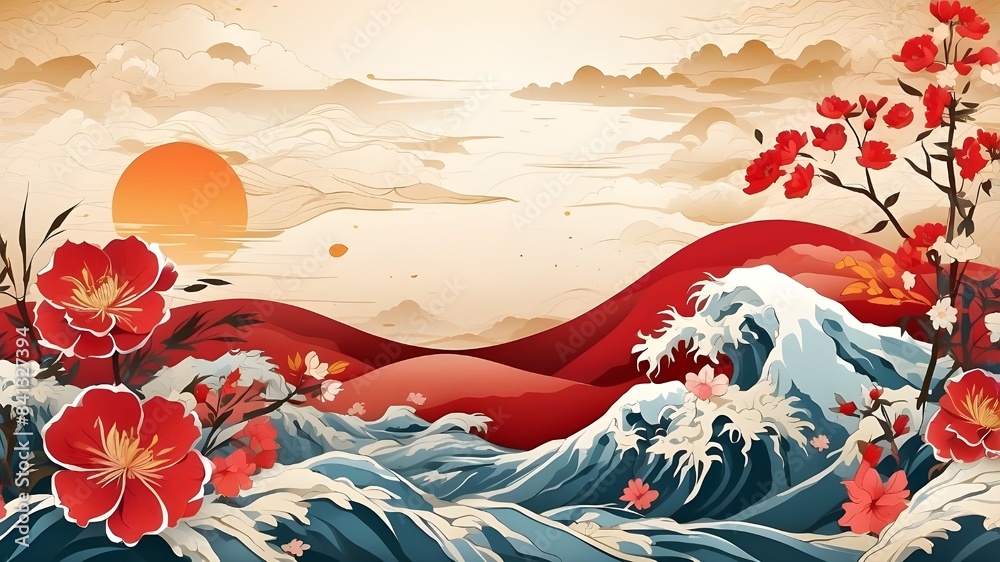 Background modern of a Japanese flag with Japanese symbols. Traditional ...