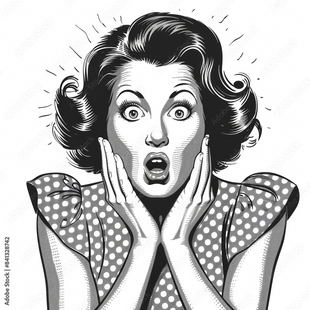Vintage-style illustration of a surprised caucasian woman, evoking ...