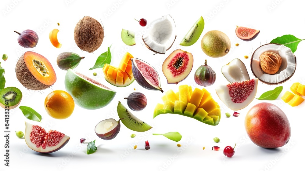 Exotic fruit mix, coconuts, mango, fig, passiflora, carambola falling ...
