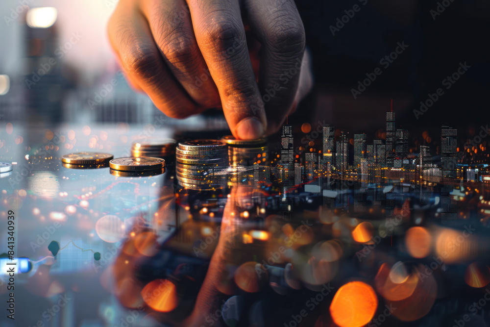 closeup hand, Businessman sorting coins, Overlay with line data ...