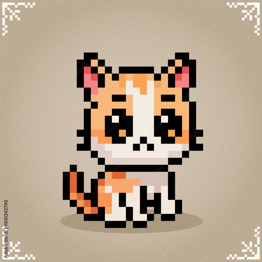 cat is sitting in 8 bit pixel art. Pets for game assets in vector ...