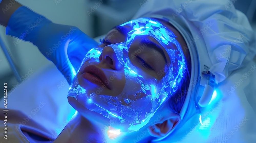 Remote view of female patient undergoes blue LED light therapy for skin ...