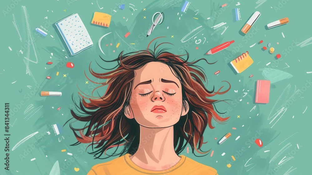 Depression portrait flat design top view mental health cartoon drawing ...