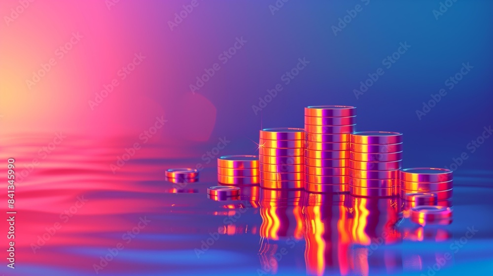 Graph pink orange coins with blue purple background shiny surface makes ...