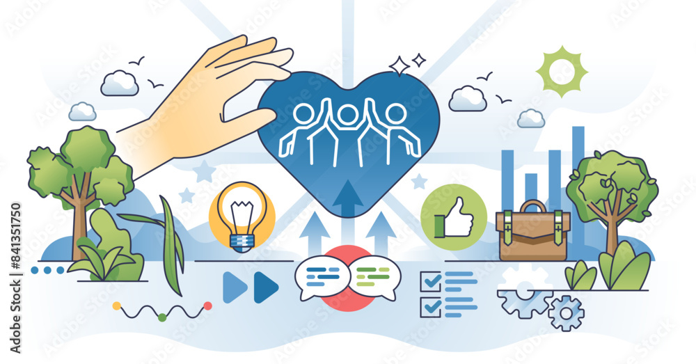 Employee engagement with job motivation and loyalty outline hands ...