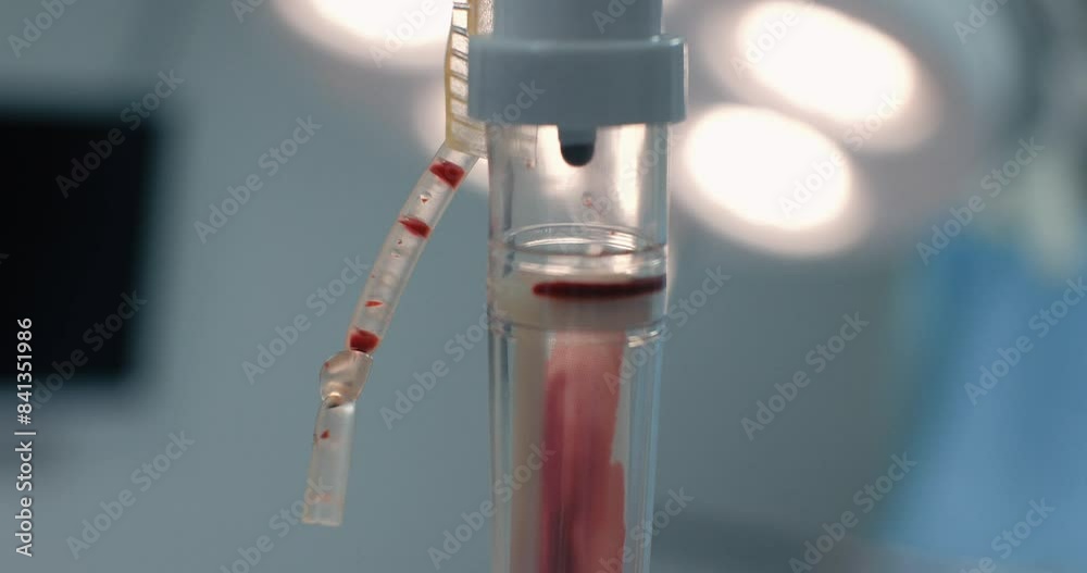 Drops of blood drip into the intravenous transfusion system. Close-up ...