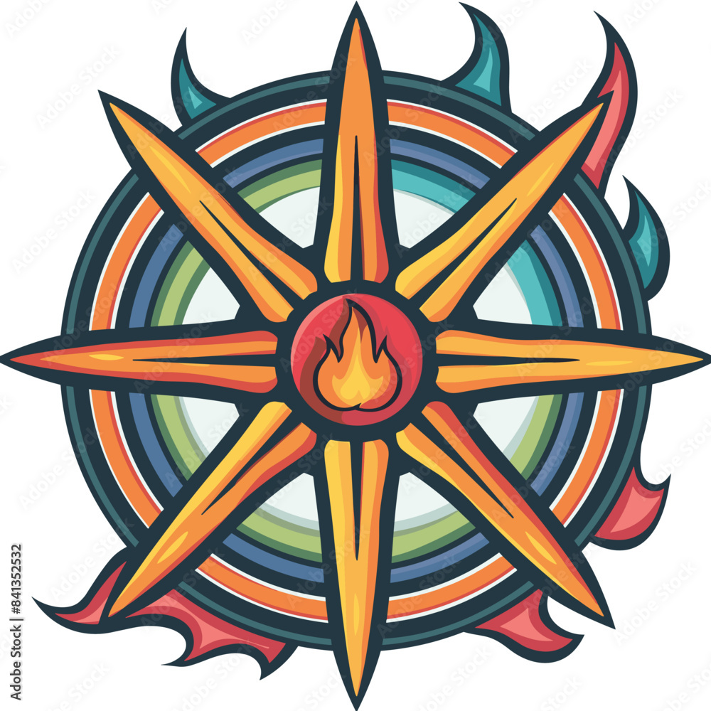 Colorful compass rose illustration featuring fire center. Nautical ...