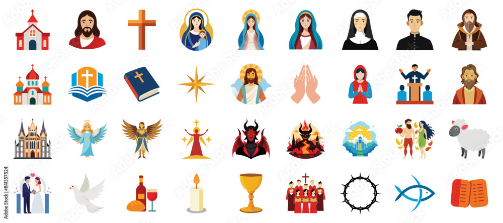 Christianity Icons set, vector flat cartoon illustration. Christian ...