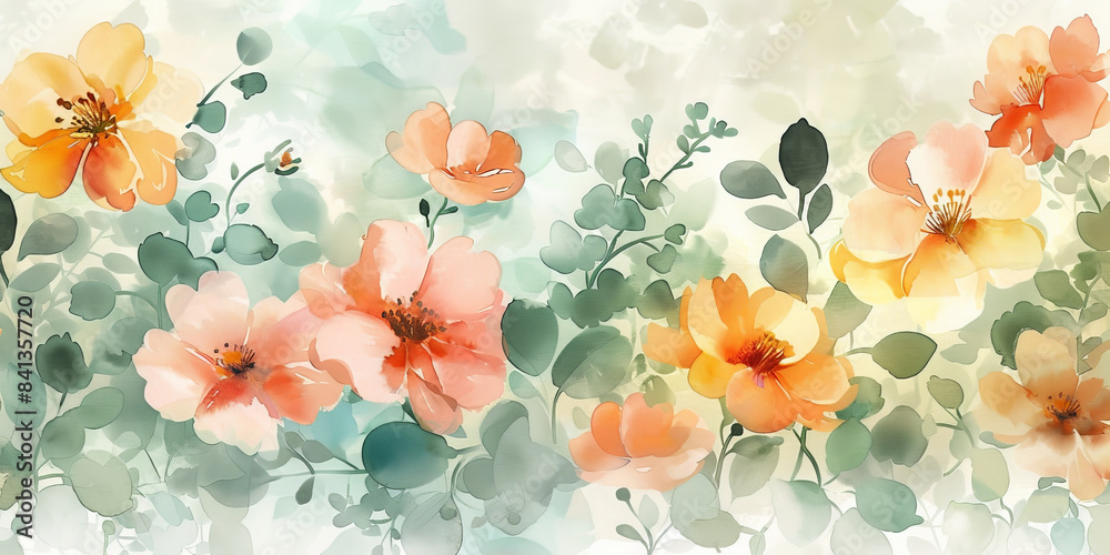 Soft watercolor floral pattern with delicate pastel hues and large ...