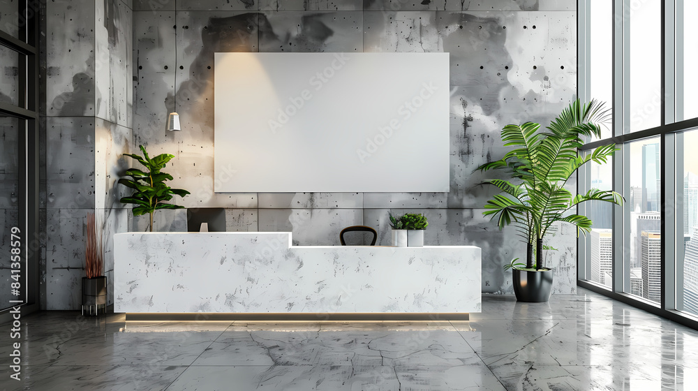 Modern office lobby with blank mock up banner on wall, white reception ...