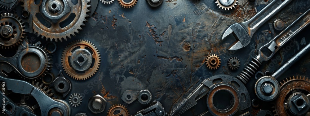 Mechanical Tools and Gears. Metal Background with Pipeline and Wrench ...