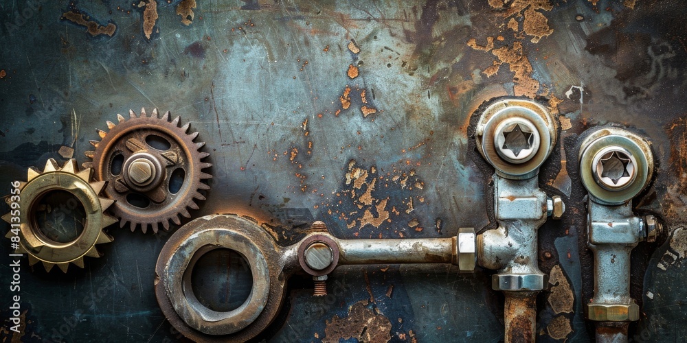 Mechanical Tools and Gears. Metal Background with Pipeline and Wrench ...