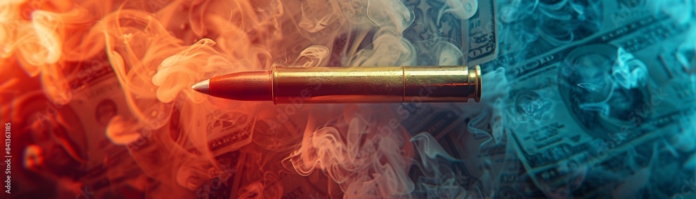 Bullet piercing money in smoky scene, Pop Art, Bold colors, Graphic ...
