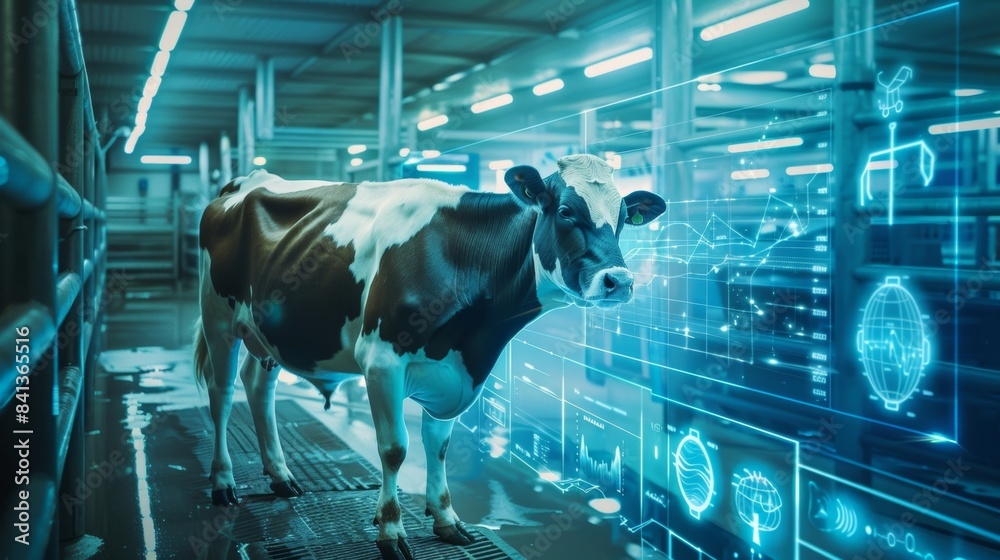 A cow stands in a smart milking parlor which automatically identifies ...
