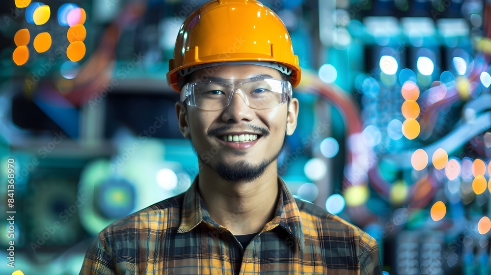 Hardworking Electrical Engineer Smiles Proudly at Industrial Workplace ...