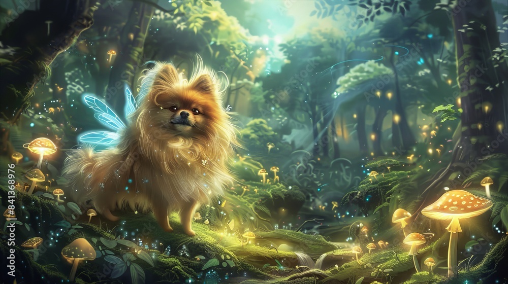 Magical image of a furry dog with fairy wings in a glowing enchanted ...
