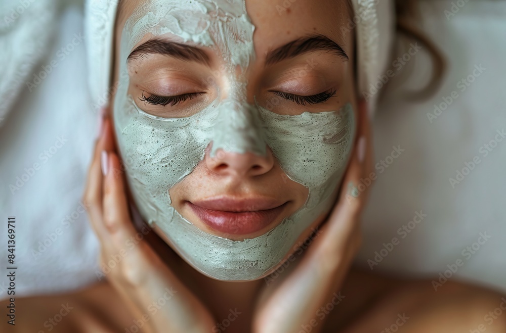 Beautiful woman enjoying of a facial mask treatment with a facial disc ...