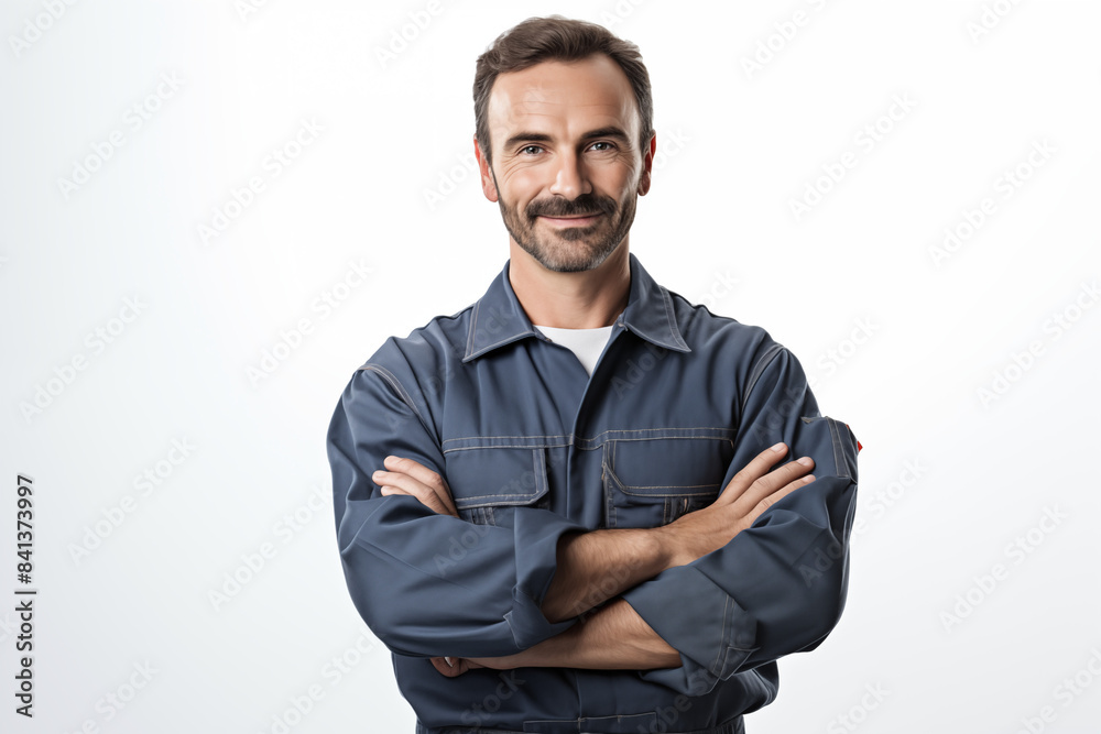White male mechanic smiling on white background. Automotive professions ...