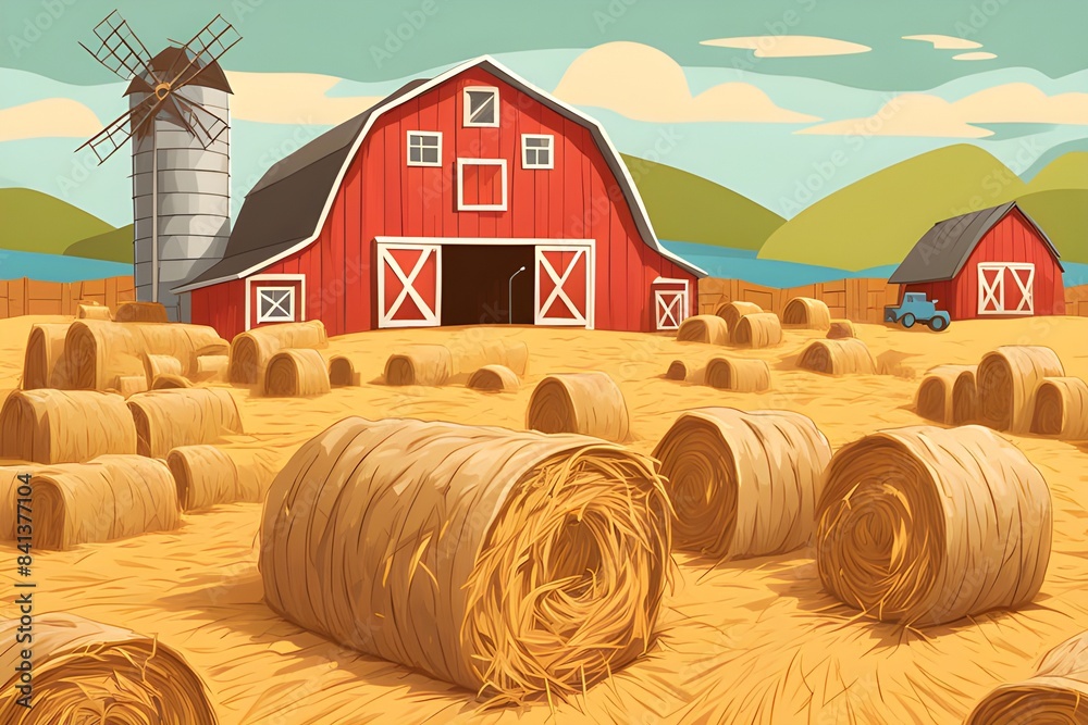 Cartoon Barn Design Concept including Hay Piles and Straw Bales. A ...