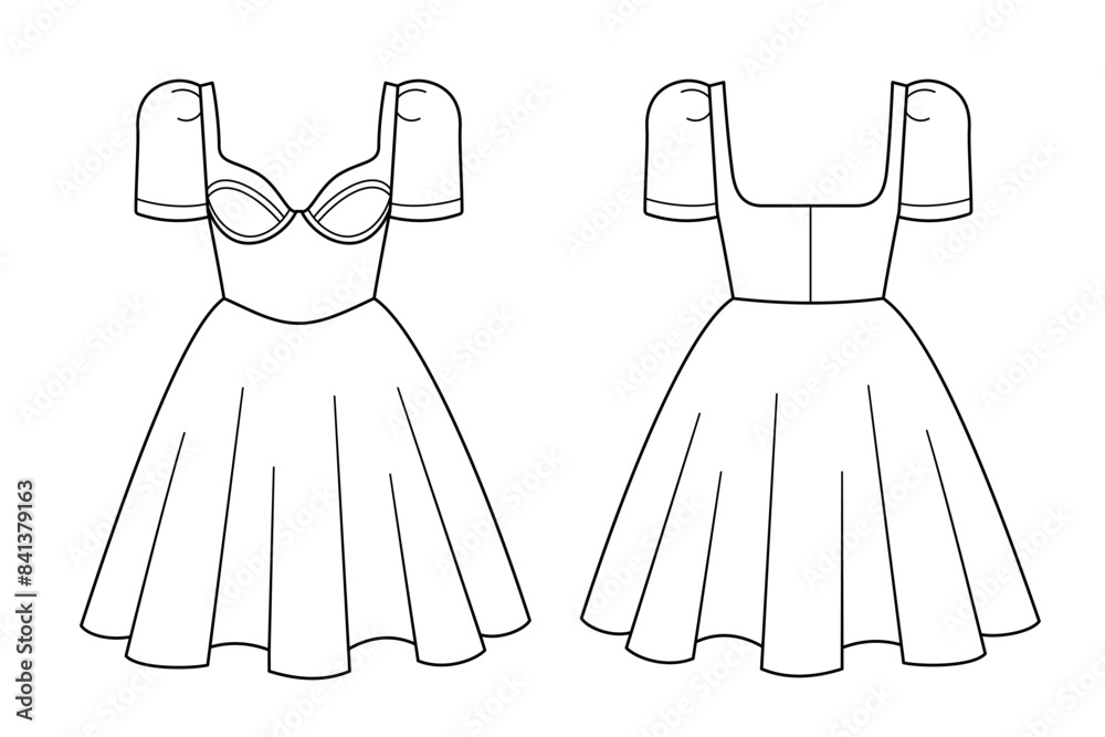 Female dress vector template isolated on a grey background. Front and ...