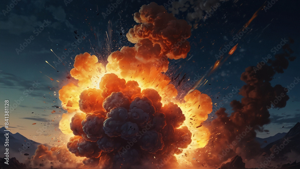 Epic anime style nuclear explosion background, cartoon blast with smoke ...