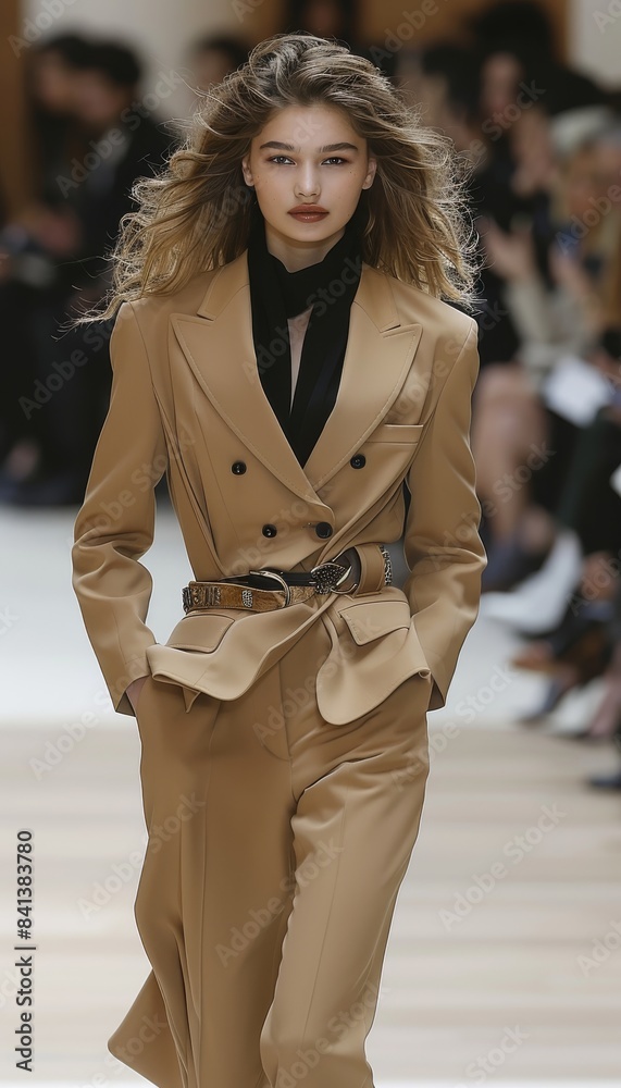 Model walking down the runway in a high fashion beige suit with a black ...