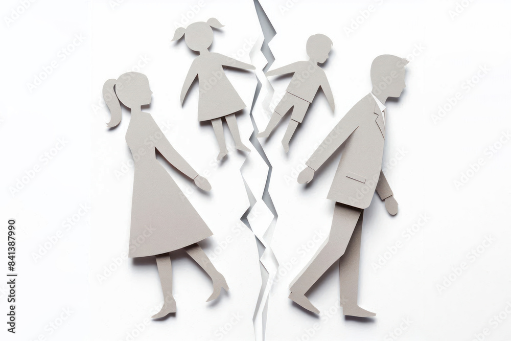 Divorce and child separation, paper family torn in half Isolated on ...