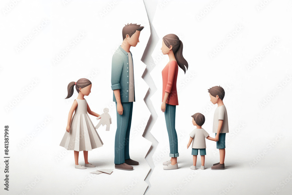 Divorce and child separation, paper family torn in half Isolated on ...