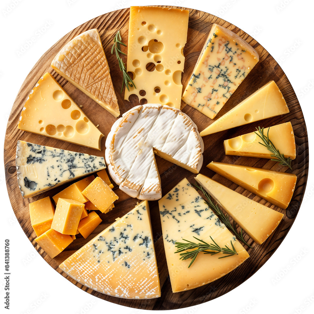 Round wooden cheese platter with different cheese types (camembert ...