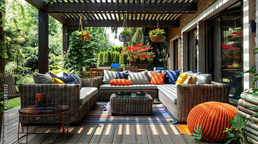 Modern patio display featuring garden furniture on discount. Elegant ...