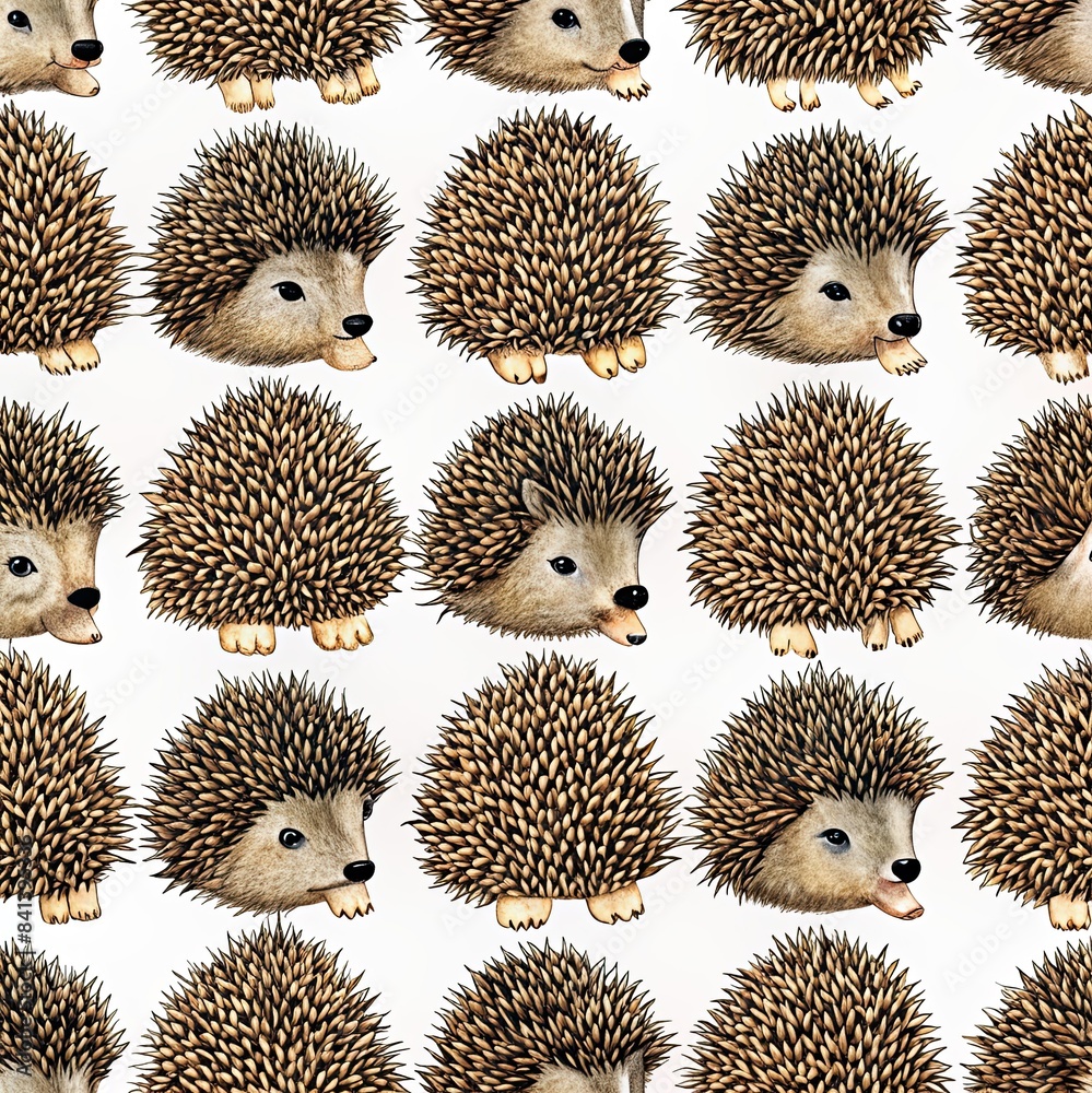 A seamless pattern of illustrated hedgehogs on a white background. Each ...
