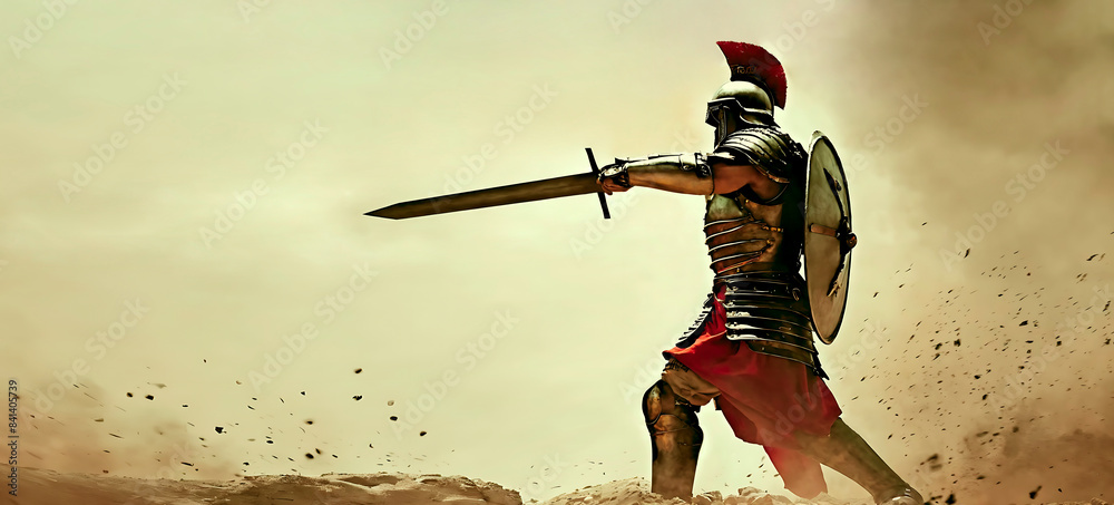 roman warrior in armour and red mantle holding sword, shield in ...