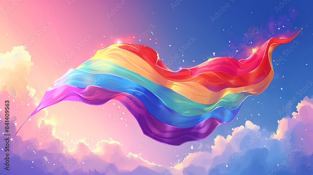 Colorful rainbow flag on blue sky and cloud,Let's Celebrate PRIDE month background for festival ...