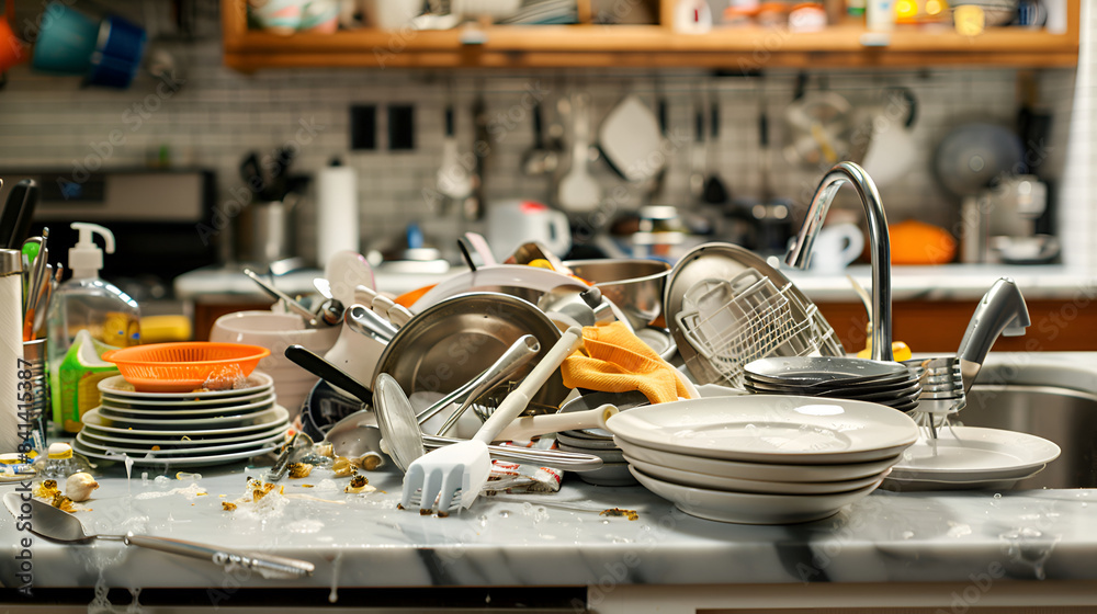 Kitchen interior with utensils and utensils on shelves, dirty dishes in ...