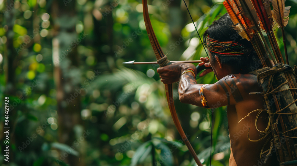 A member of the Yanomami Tribe is hunting in the Amazon rainforest ...