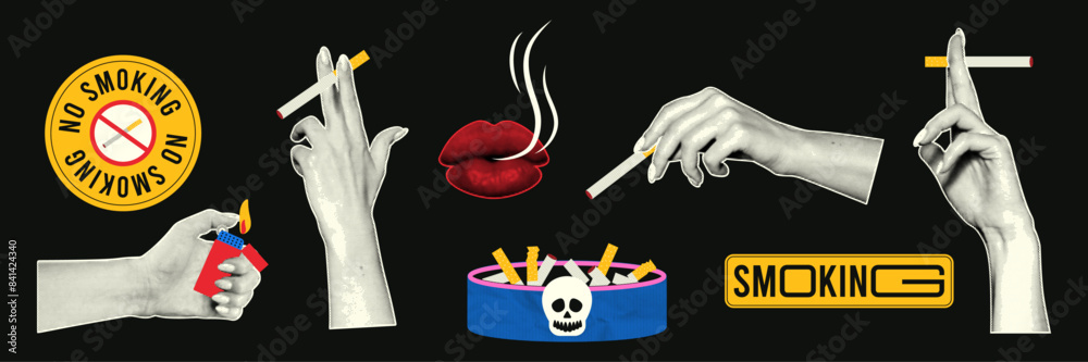 Smoking retro collage concept. A hand holds a cigarette with a halftone ...