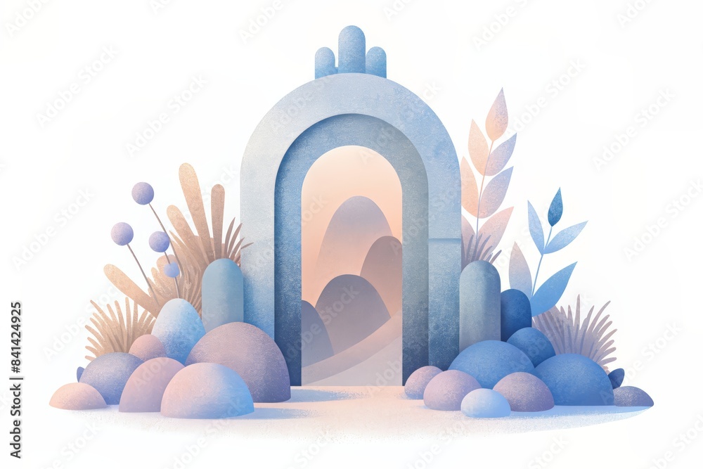 bogo style stone arch illustration, featuring grainy texture and muted ...