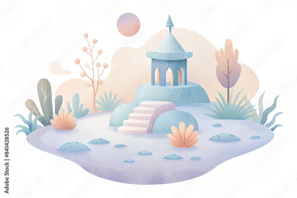 boho fantasy tower on a floating island, pastel colors, floral details ...