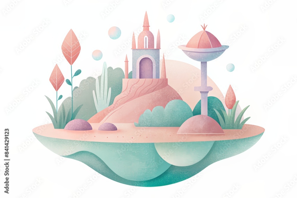 minimalist fantasy tower on a flying island in boho style, with pastel ...